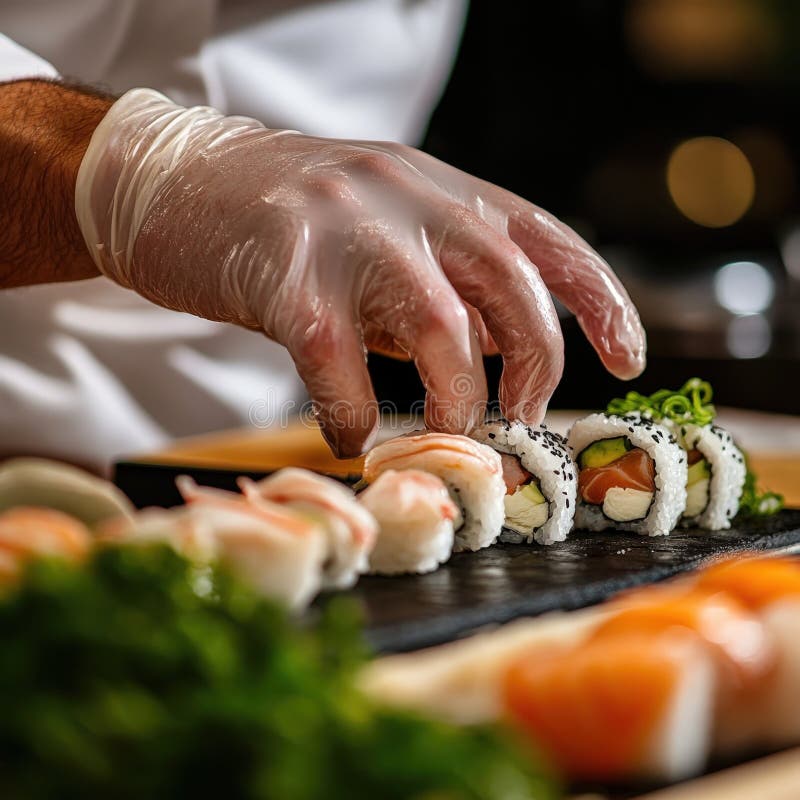 A Person is Skillfully Making Sushi Using Chopsticks on a Table Stock ...