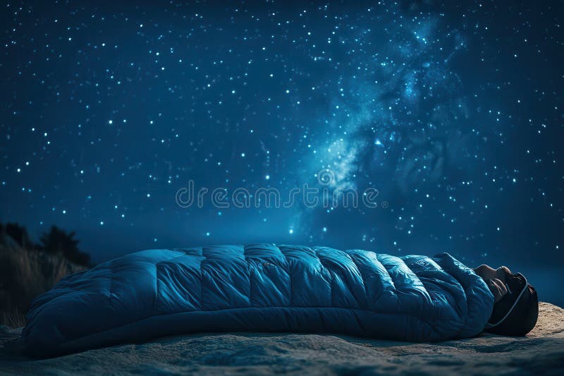 Person Sleeping in a Sleeping Bag Under a Starry Sky Stock Illustration ...