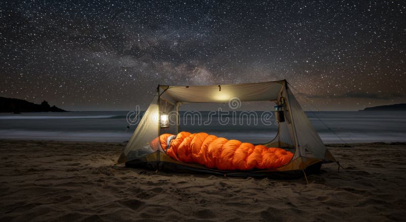 Person Sleeping in Orange Sleeping Bag Inside Illuminated Tent on ...