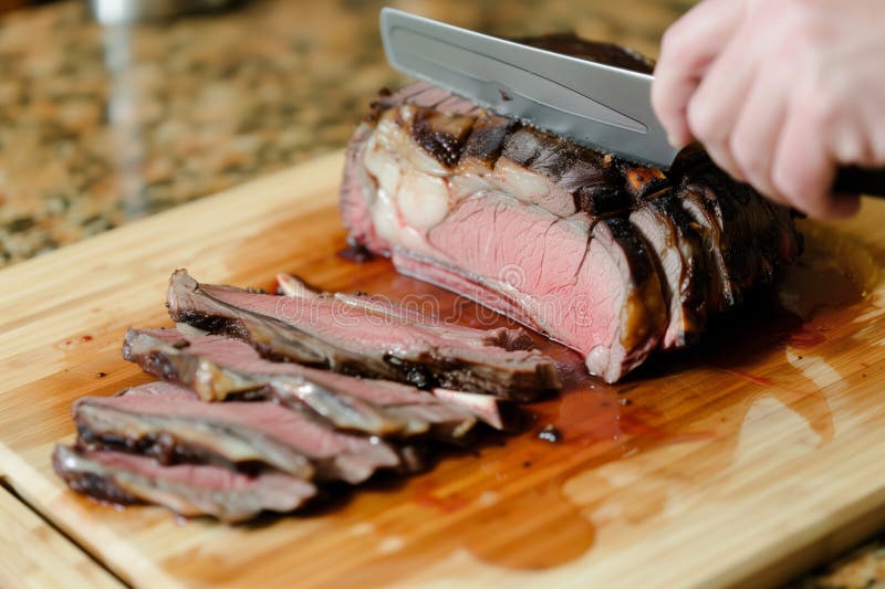 Person Slicing Sousvide Cooked Prime Rib on Cutting Board Stock Photo ...