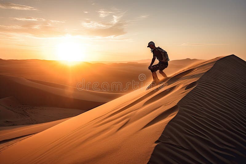 Person, Sliding Down Dune on Sandboard and Approaching Sunset Stock ...