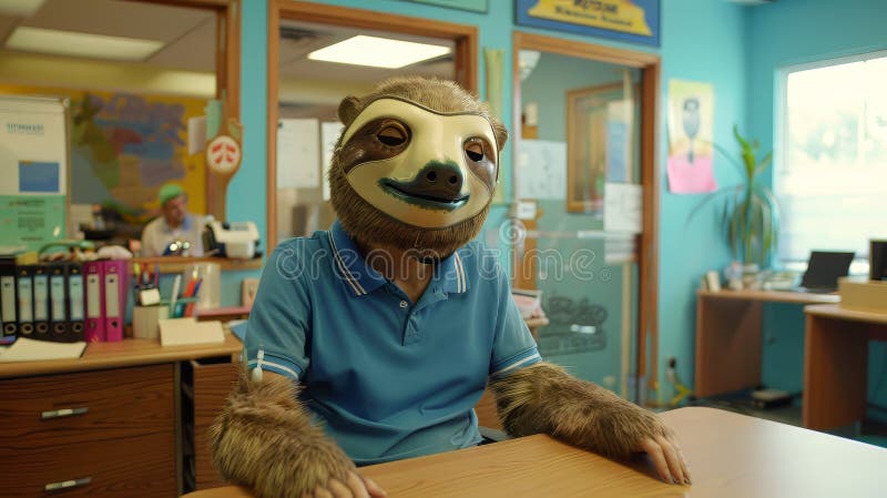 Person in Sloth Costume in Office Setting with Blue Walls and Documents ...