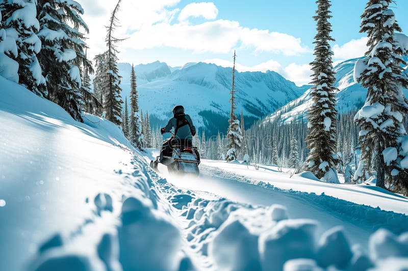 Person Snowmobiling through the Mountains Stock Photo - Image of ...