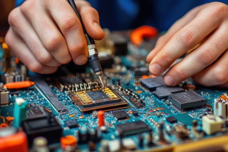 Person Soldering Components Computer Motherboard Repairs Assembly Stock ...
