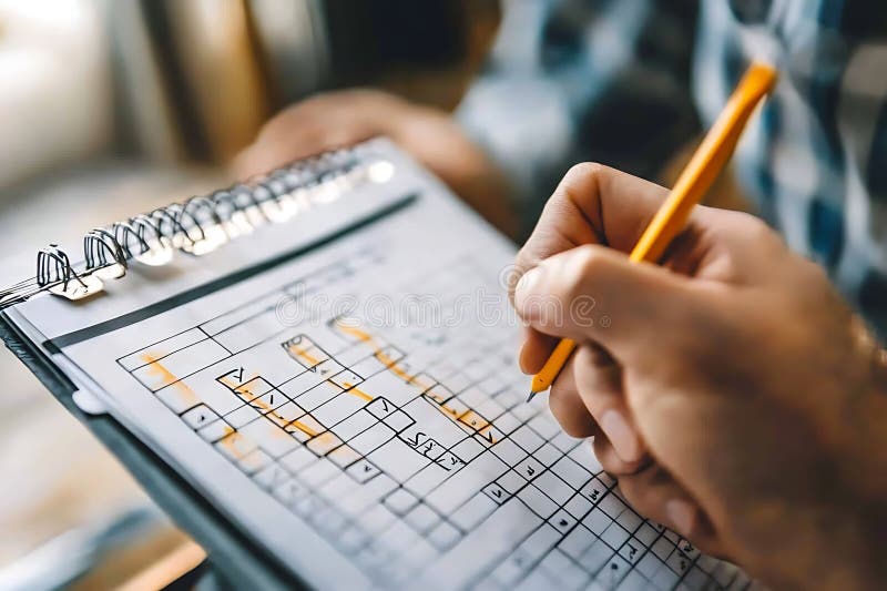 Person Solving a Crossword Puzzle with Pencil on Notepad Stock ...