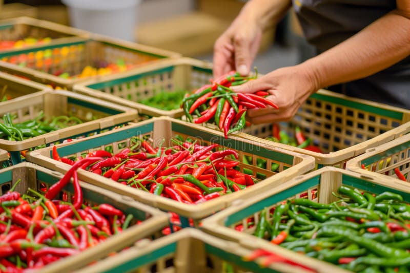 Person Sorting Chili Peppers by Color in Baskets Stock Illustration ...