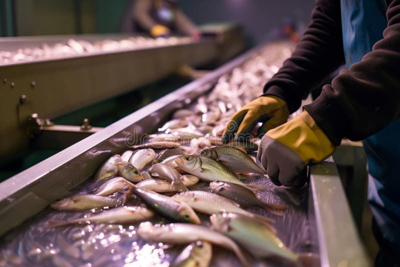 Person Sorting Fish on a Conveyor Belt in Hatchery Stock Illustration ...