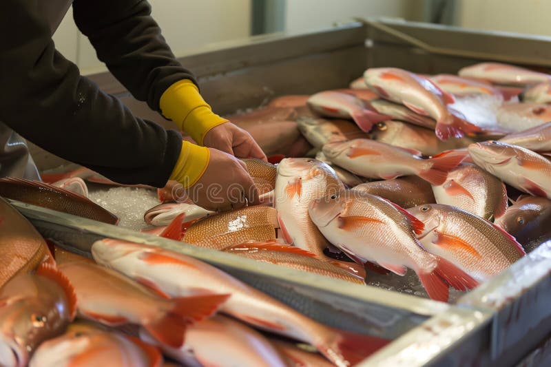 Person Sorting and Grading Fish in Processing Facility Stock ...