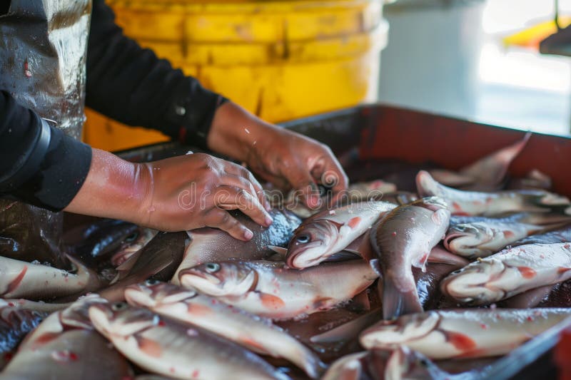 Person Sorting and Grading Fish in Processing Facility Stock ...