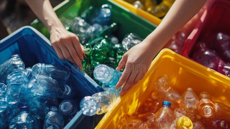 Person Sorting Plastic Bottles into Recycling Bins Stock Illustration ...