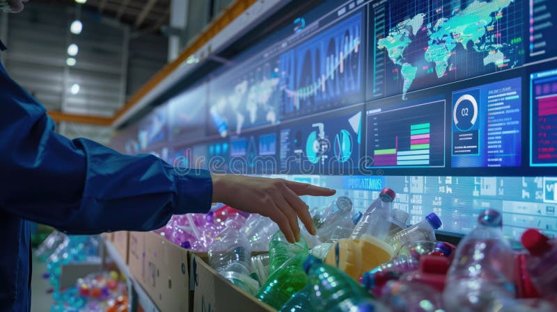 Person Sorting Plastic Bottles at a Recycling Facility with Digital ...