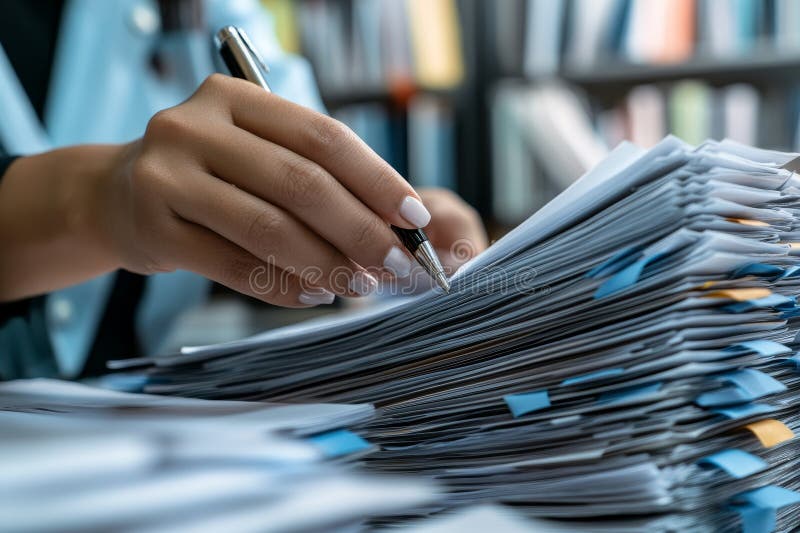 Person Sorting through a Tall Pile of Paperwork in an Office ...