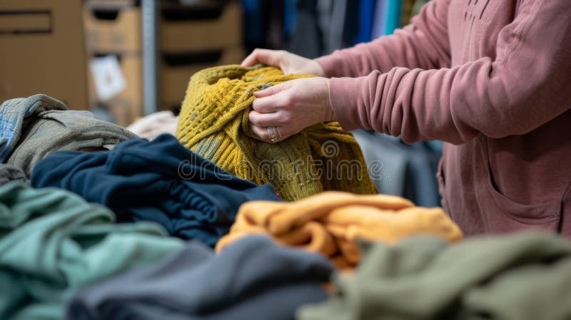 Person is Sorting through Various Clothing Items with a Donation Box ...