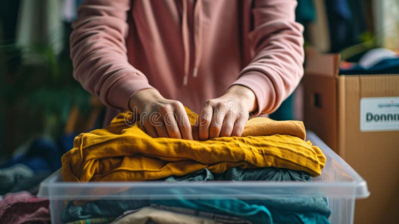 Person is Sorting through Various Clothing Items with a Donation Box ...