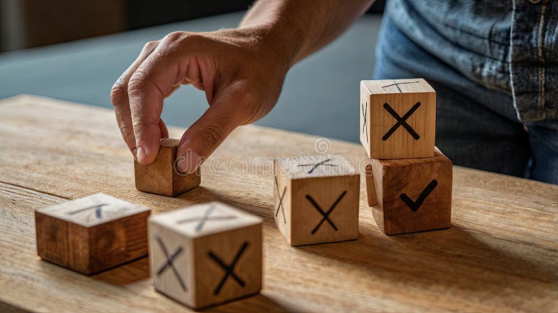 A Person Sorting Wooden Blocks with Marks on a Table in an Organized ...