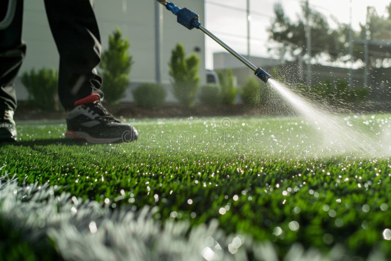 Person Spraying Water on Artificial Turf for Cleaning Stock Image ...