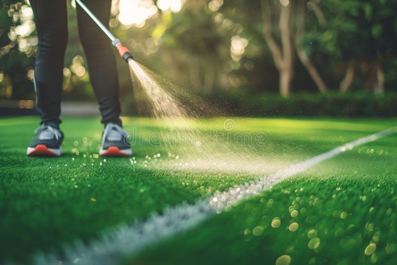Person Spraying Water on Artificial Turf for Cleaning Stock Photo ...