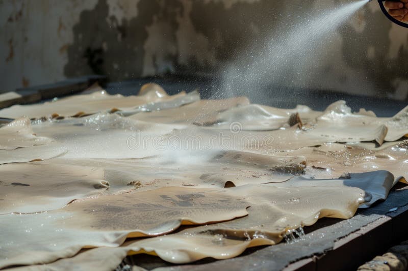 Person Spraying Water on Drying Hides Stock Photo - Image of water ...
