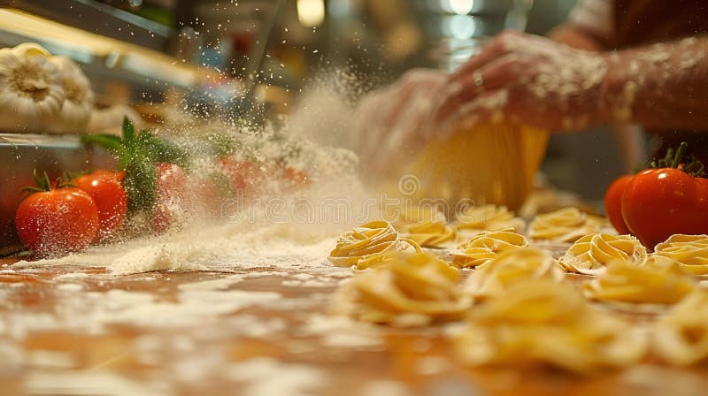 Person Sprinkling Pasta on a Wooden Surface with Various Ingredients ...
