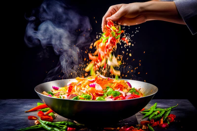Person Sprinkling Vegetables into Wok with Black Background. Generative ...