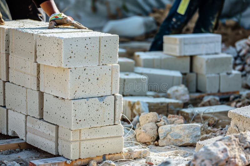 Person Stacking Aerated Concrete Blocks in a Construction Site Stock ...