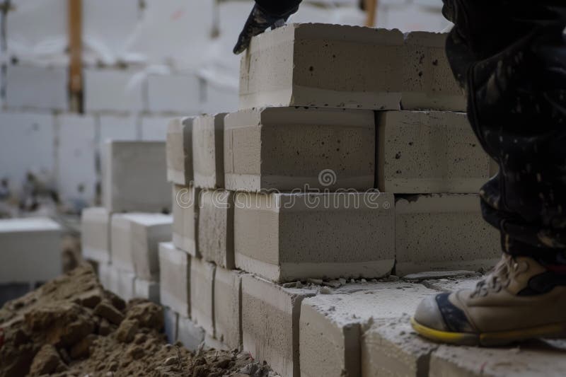 Person Stacking Aerated Concrete Blocks in a Construction Site Stock ...