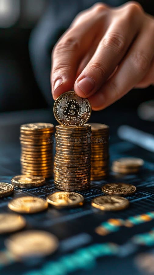 Person Stacking Bitcoin Coins on a Table with Charts in the Background ...