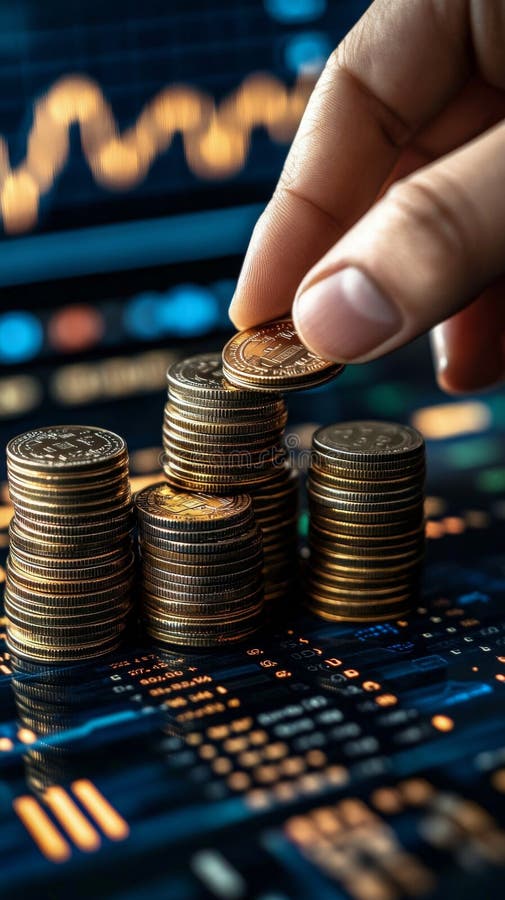 Person Stacking Bitcoin Coins on a Table with Charts in the Background ...