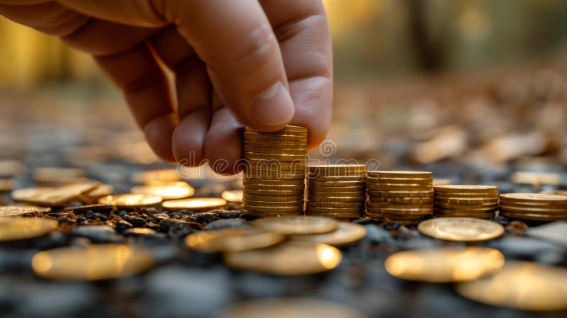A Person is Stacking Coins on a Pile of Gold, AI Stock Illustration ...