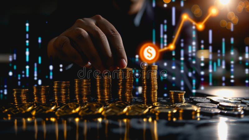 Person Stacking Gold Coins with Glowing Upward Arrow Chart Stock Image ...