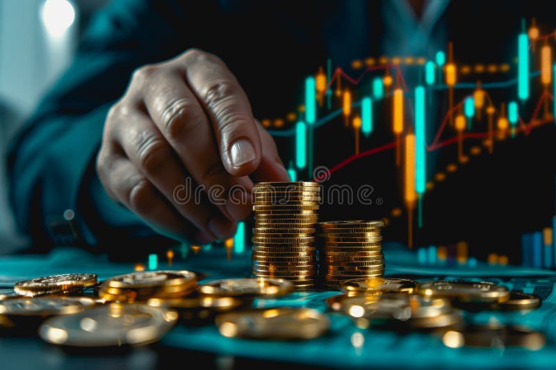 Person Stacking Gold Coins with Glowing Upward Arrow Chart Stock Photo ...