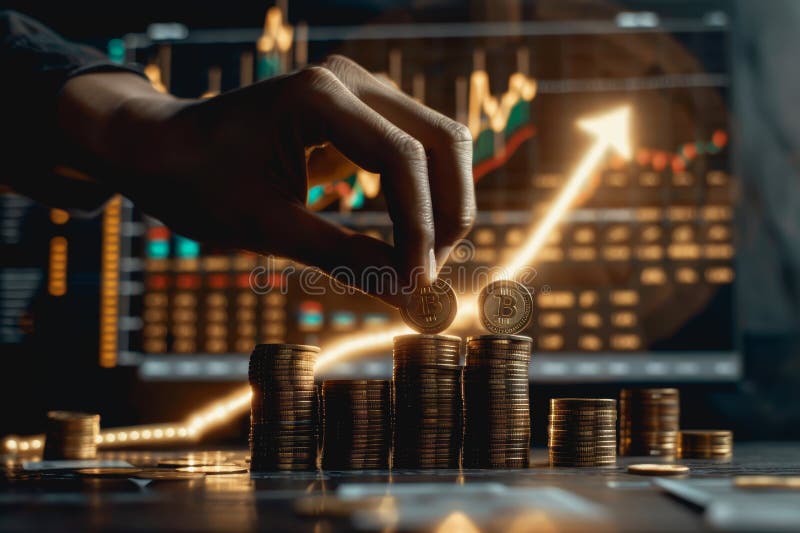 Person Stacking Gold Coins with Glowing Upward Arrow Chart Stock Photo ...