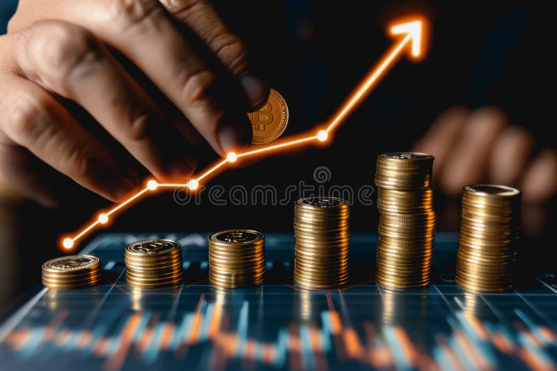 Person Stacking Gold Coins with Glowing Upward Arrow Chart Stock Photo ...