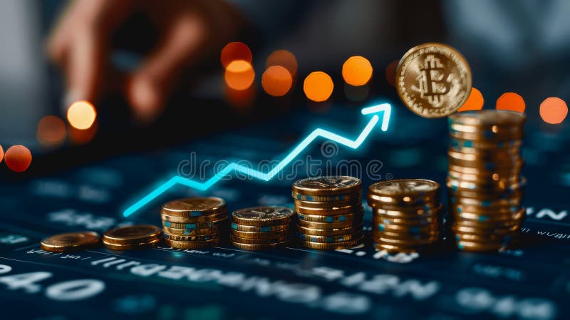 Person Stacking Gold Coins with Glowing Upward Arrow Chart Stock Photo ...