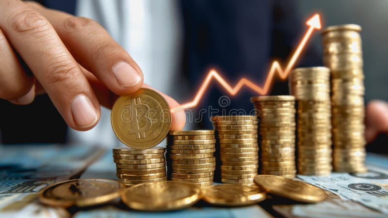 Person Stacking Gold Coins with Glowing Upward Arrow Chart Stock ...