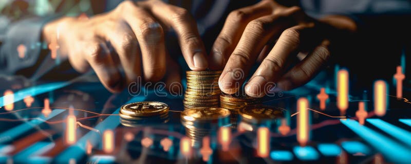 Person Stacking Gold Coins with Glowing Upward Arrow Chart Stock Photo ...