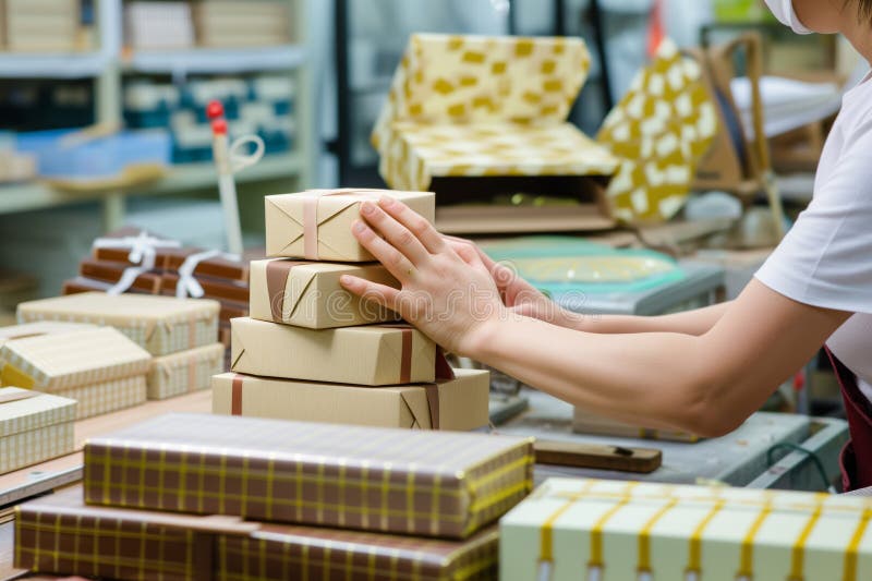 Person Stacking Handcrafted Gift Boxes at a Workstation Stock ...
