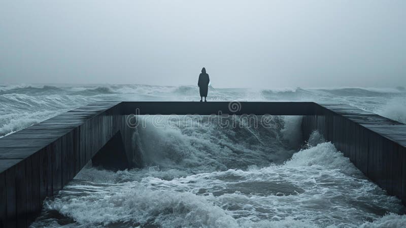 A Person Stand Alone in Danger Bridge, Water Under it Stock Photo ...