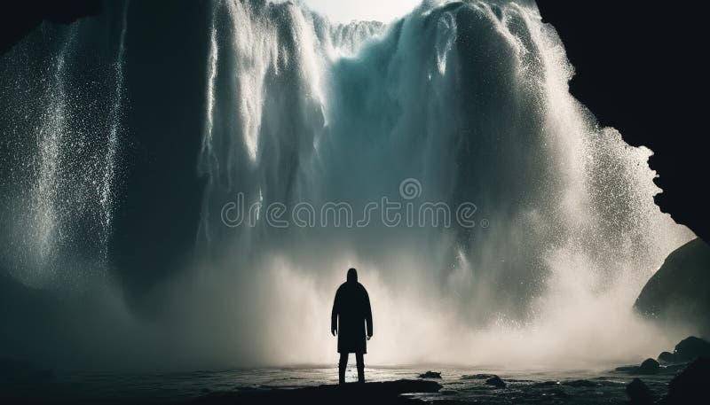 Person Stand Behind Waterfall, Digital Art Illustration, Generative AI ...