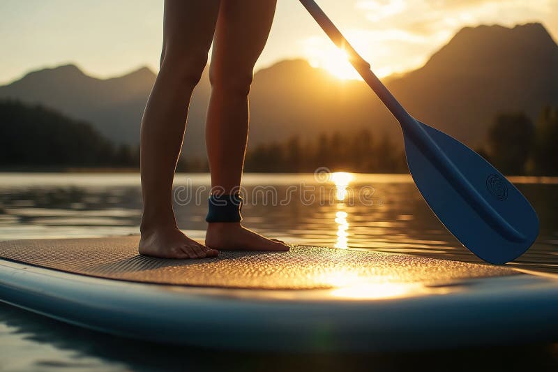 Person Stand-up Paddleboarding at Sunset. Legs and Feet on Board ...