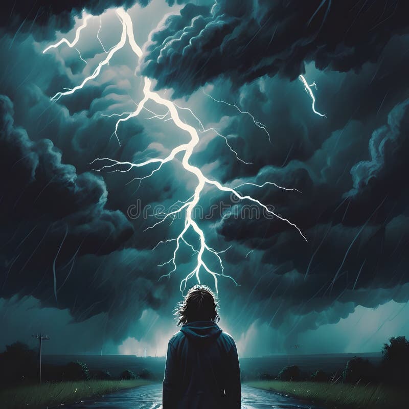 Person Standing Alone during a Powerful Thunderstorm with Intense ...