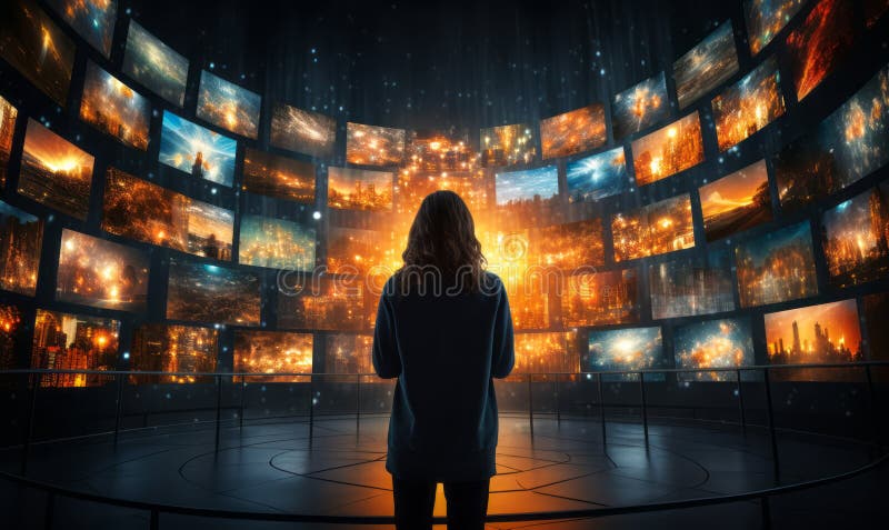 Person Standing in Awe Inside a Circular Room Surrounded by Multitudes ...