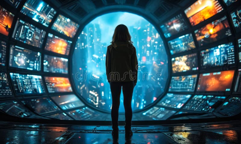 Person Standing in Awe Inside a Circular Room Surrounded by Multitudes ...