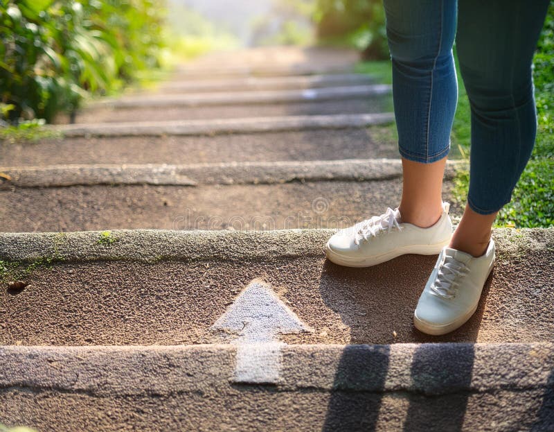 A Person Standing at the Base of a Curving Pathway with an Upward Arrow ...