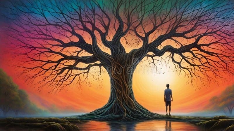 Person Standing at the Base of a Towering Tree with Roots. Personal ...