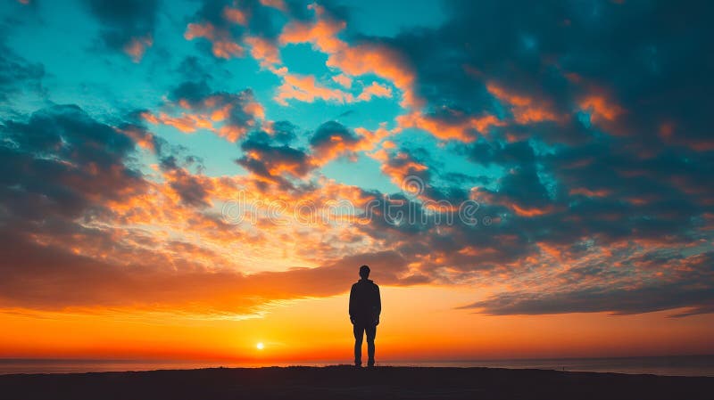 A Person Standing on a Beach Looking at the Sunset Stock Image - Image ...