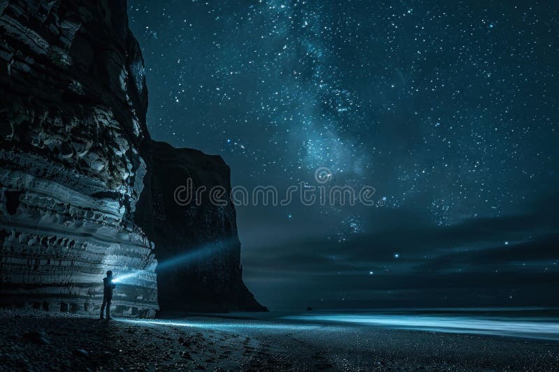 A Person Standing on a Beach at Night Illuminating Cliffs with a ...