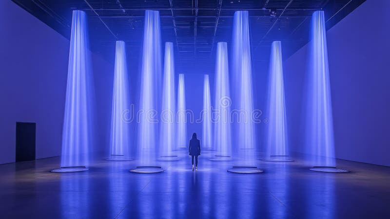 Person Standing among Blue Illuminated Water Columns Stock Illustration ...