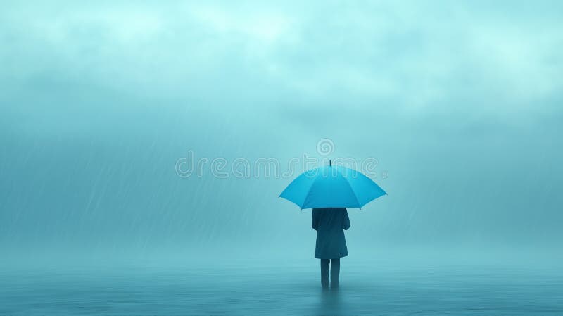 Person Standing with a Blue Umbrella in Water, in Heavy Rain Stock ...