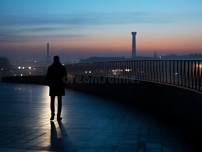A Person Standing on a Bridge at Dusk Stock Illustration - Illustration ...